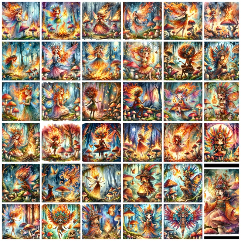 35 Fantasy Fire Fairy and 2 Trio Fire Fairies Watercolor Clip Art ...