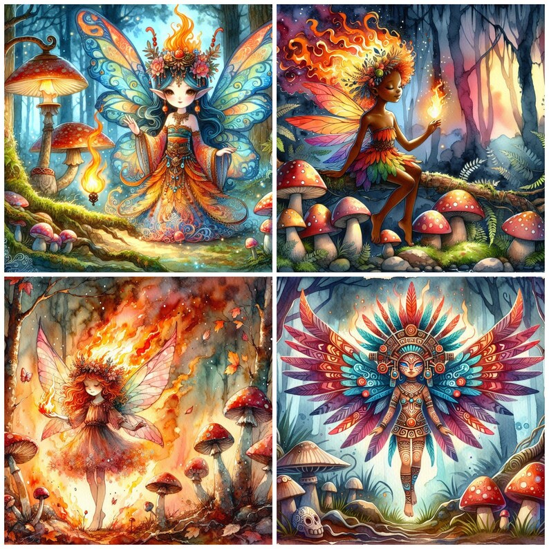 35 Fantasy Fire Fairy and 2 Trio Fire Fairies Watercolor Clip Art ...
