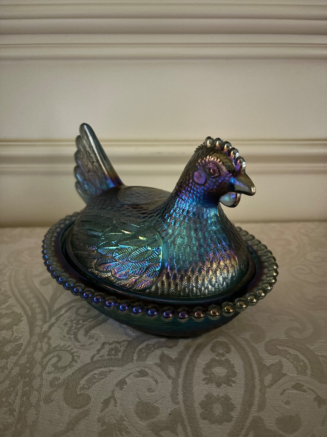 Blue Iridescent Carnival Glass Hen on Nest - Etsy