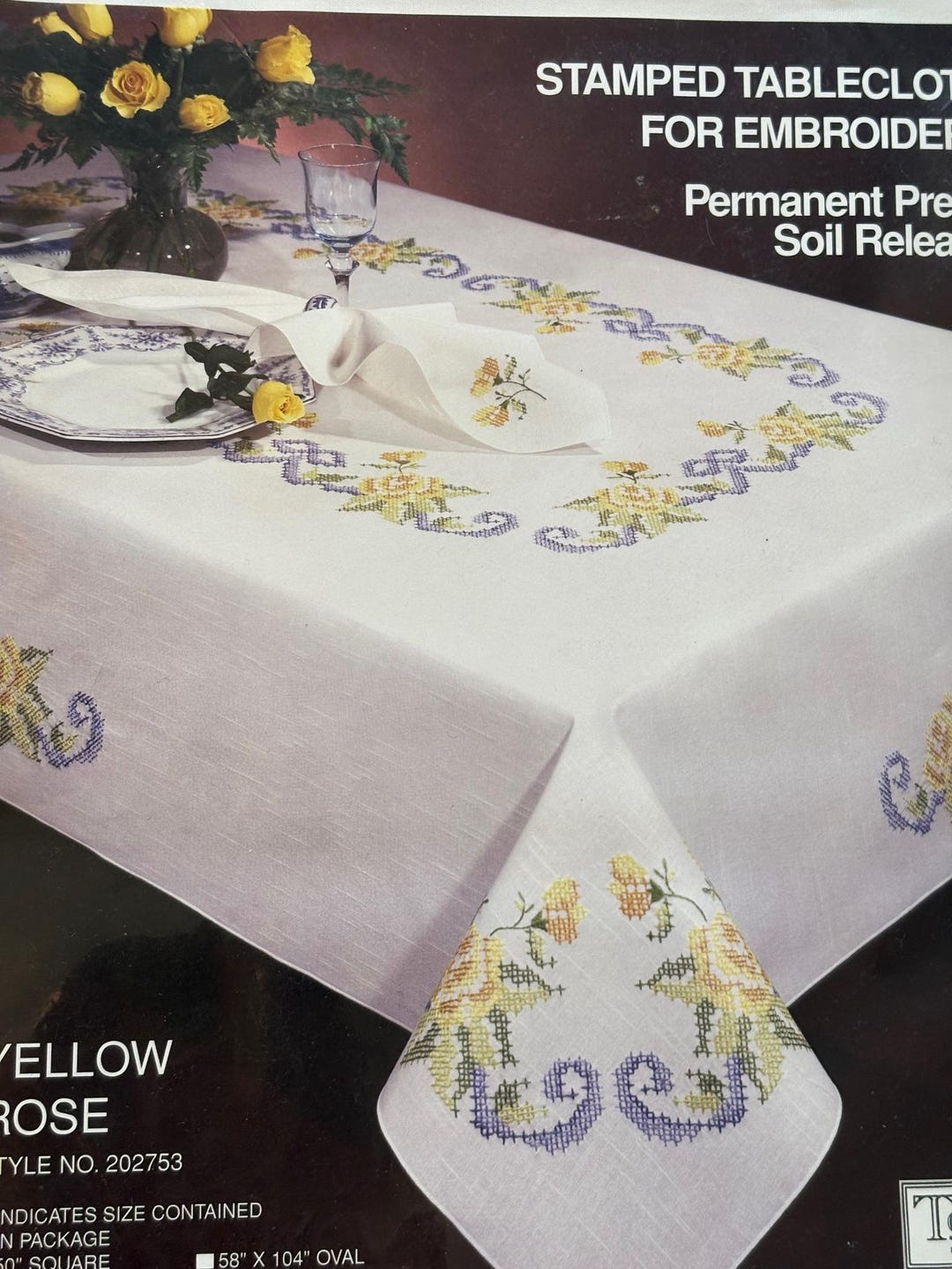 Vintage Tobin Stamped Cross Stitch Yellow Rose Table Cloth Size 58 X 90 ...