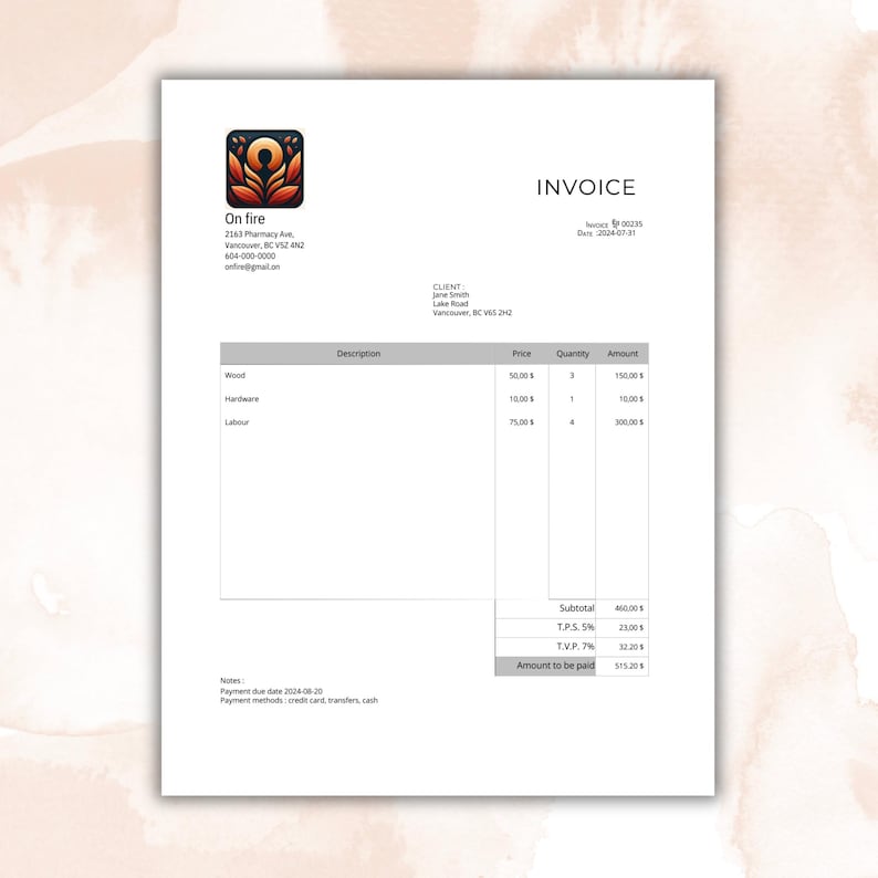 Professional Invoice Template in English Word and Google Doc Version - Etsy
