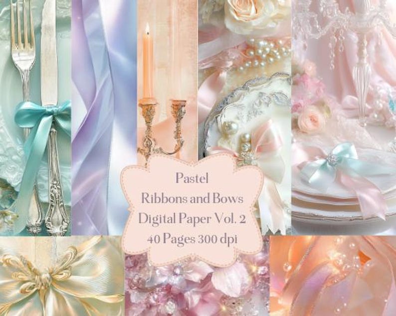 Pastel Ribbons and Bows Digital Paper 40 PNG for Backgrounds ...
