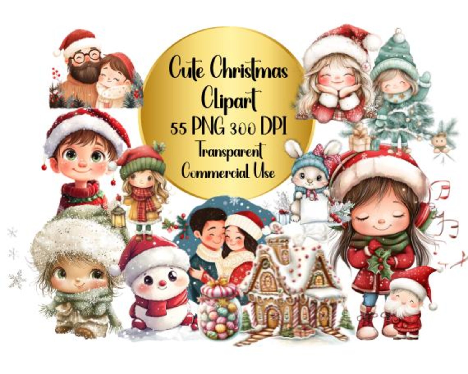 Cute Christmas Watercolor Clipart Bundle, Holiday PNG (digital Download ...
