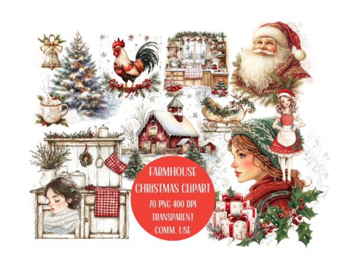 Farmhouse Christmas Clipart Bundle: 70 Watercolor PNG Images (digital ...