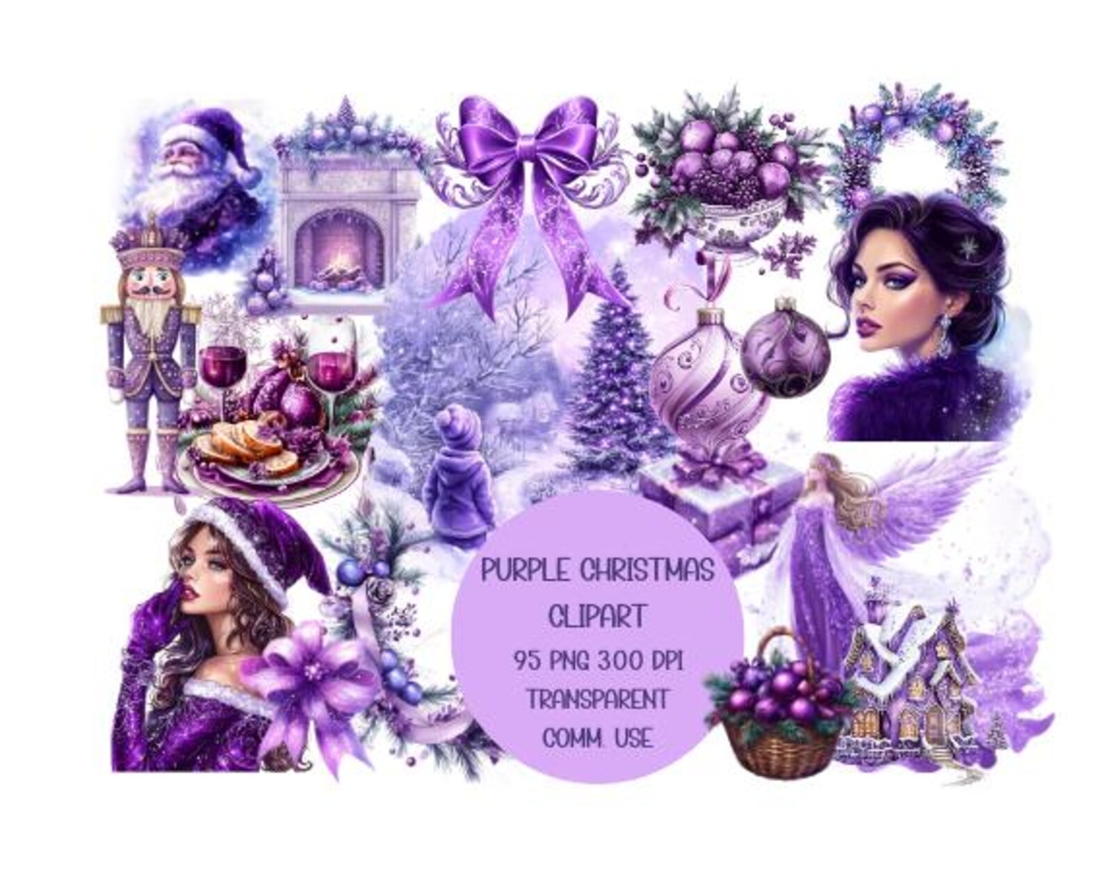 Purple Christmas Clipart Bundle 95 PNG, Holiday Decor, Junk Journal ...