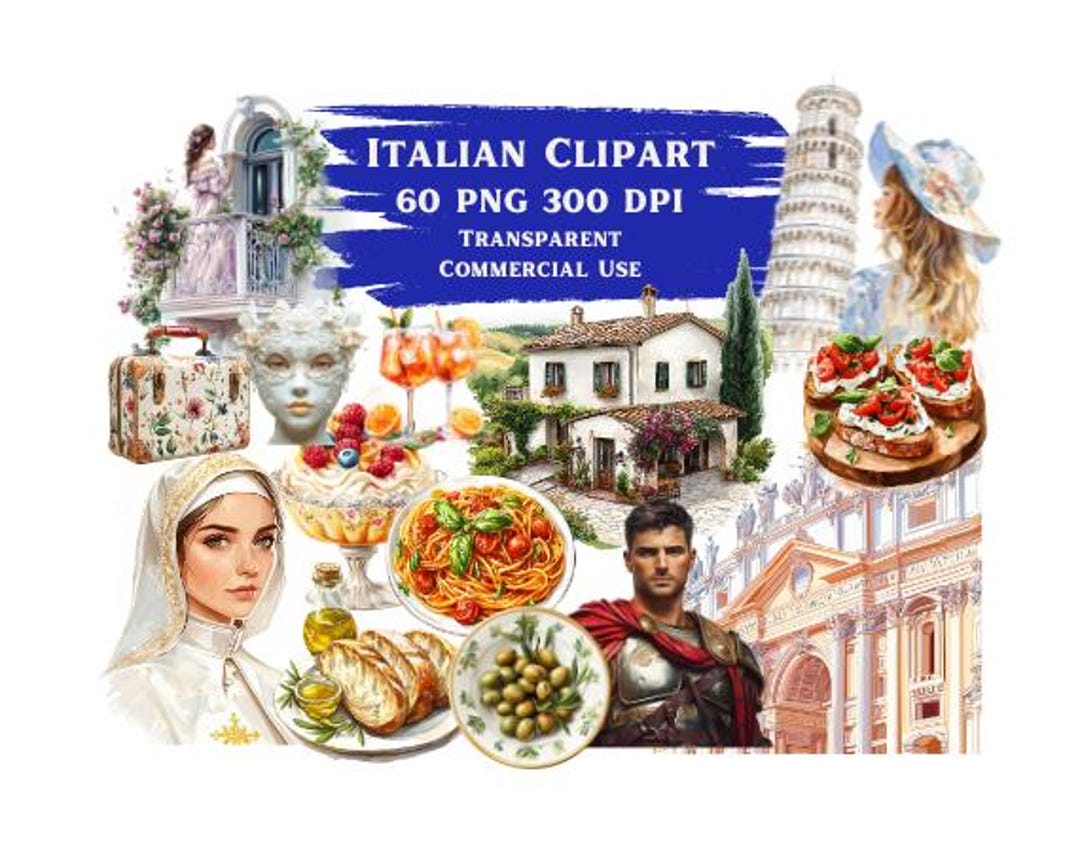 Italian Clipart Bundle 60 PNG - Italy Travel, Food, for Planners ...