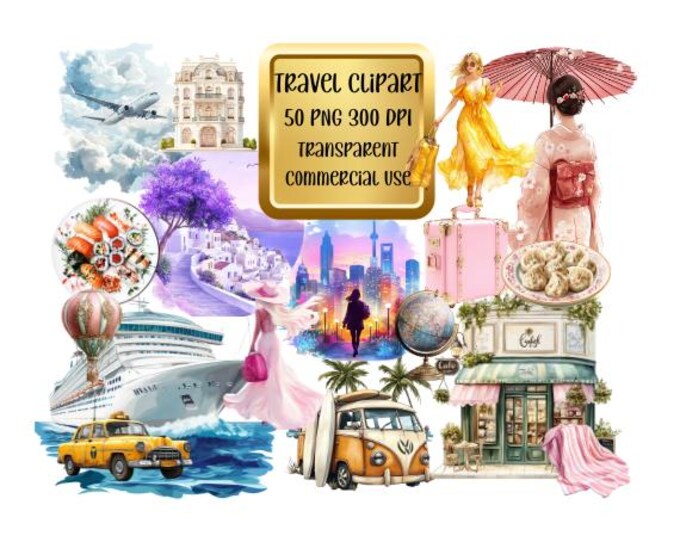 Watercolor Road Trip Clipart: Summer Travel Graphics (PNG Digital ...