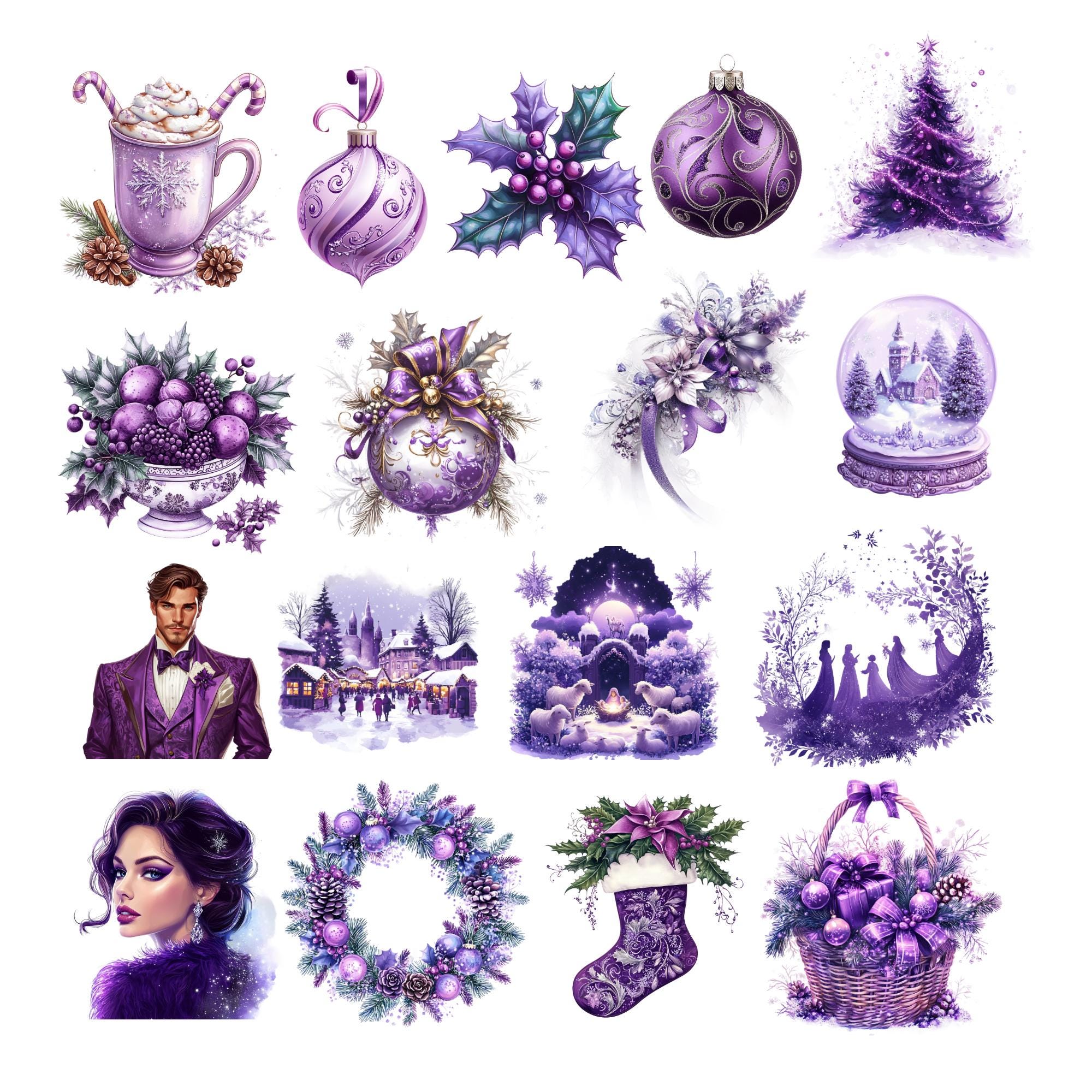 Purple Christmas Clipart Bundle 95 PNG, Holiday Decor, Junk Journal ...