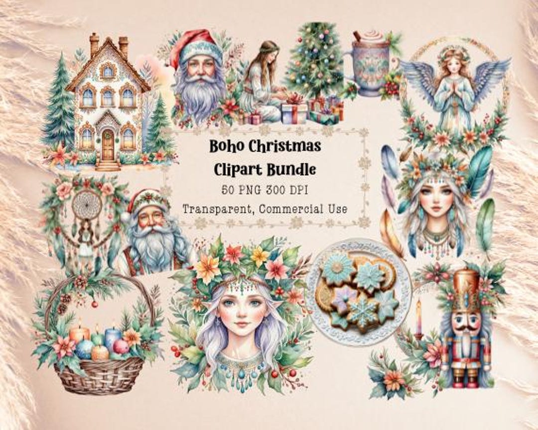 Boho Christmas Clipart Bundle 50 PNG, Christmas PNG, Holiday PNG, Santa ...