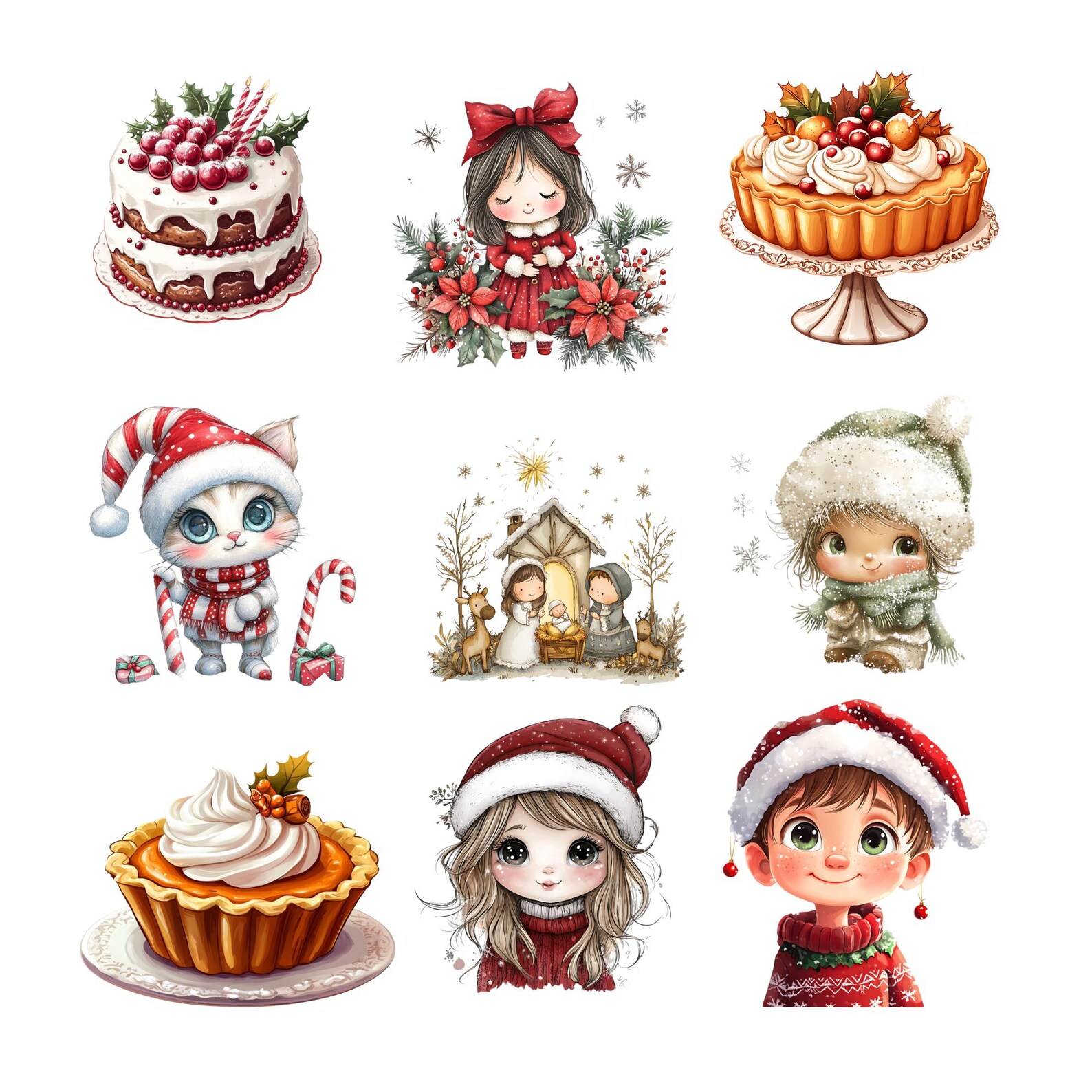 Cute Christmas Watercolor Clipart Bundle, Holiday PNG (digital Download ...