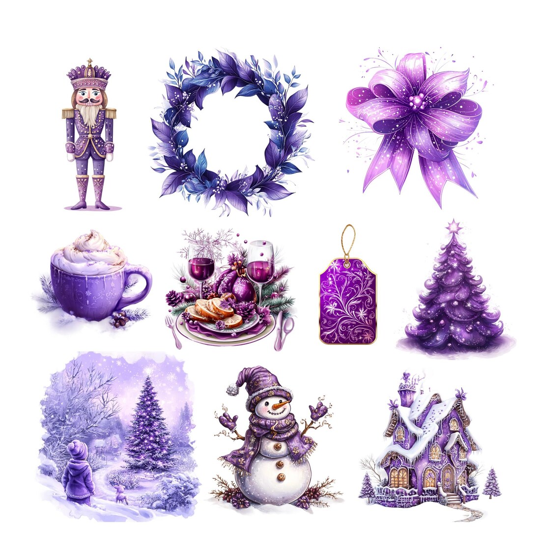 Purple Christmas Clipart Bundle: Watercolor Holiday PNG (digital ...