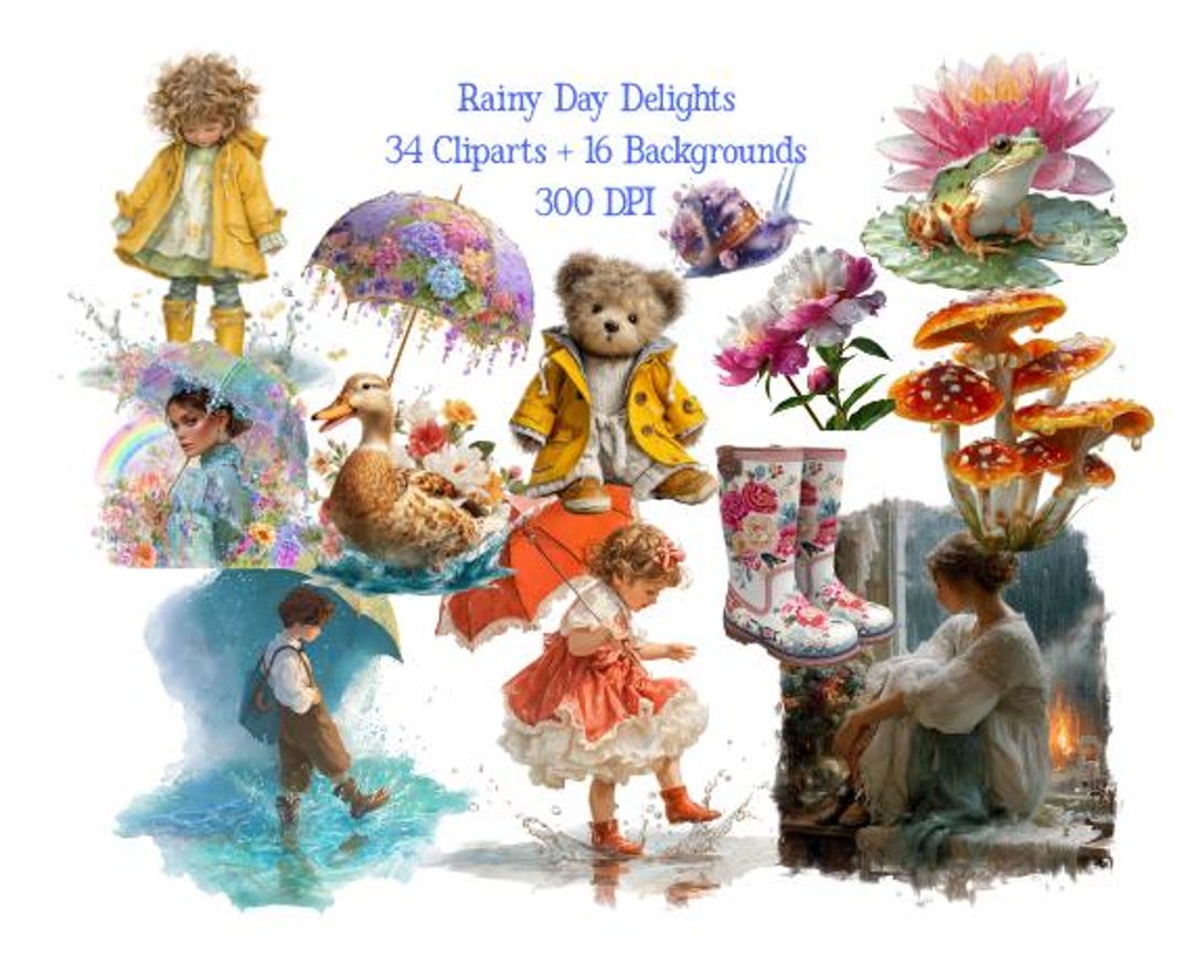 Rainy Day Clipart – April Showers PNG, Junk Journal Graphics (digital ...