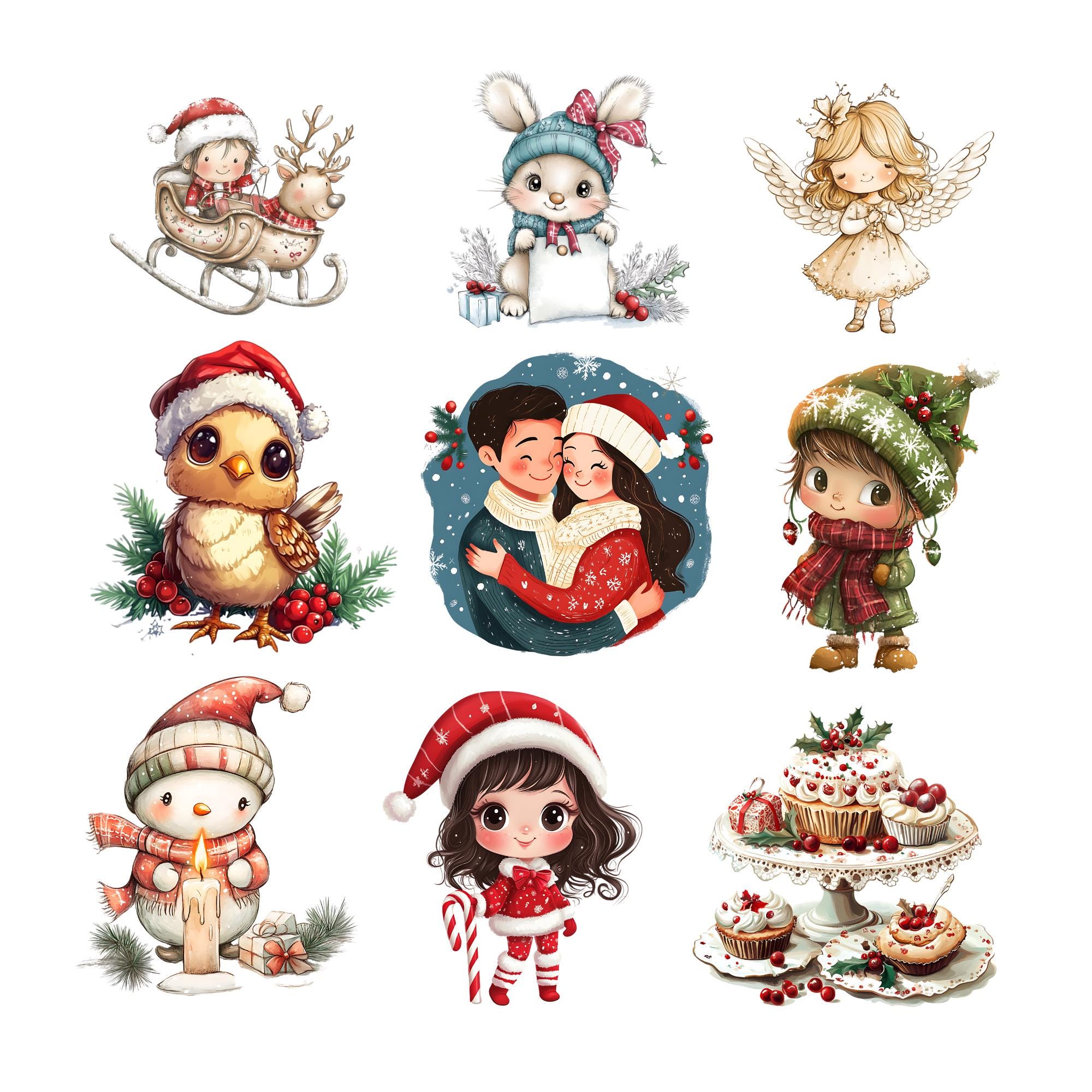 Cute Christmas Watercolor Clipart Bundle, Holiday PNG (digital Download ...