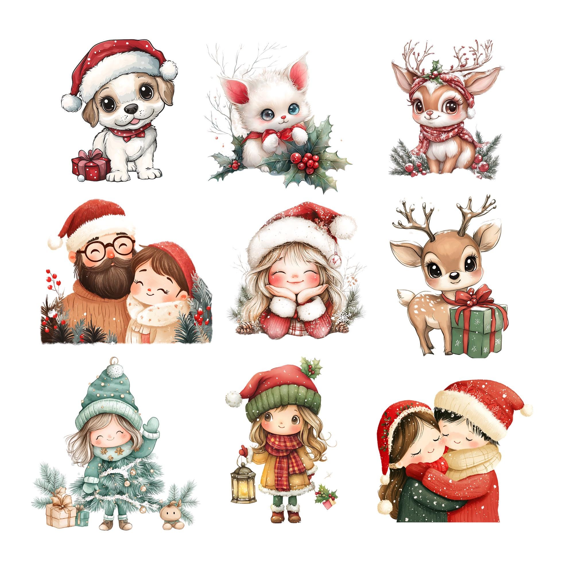 Cute Christmas Watercolor Clipart Bundle, Holiday PNG (digital Download ...