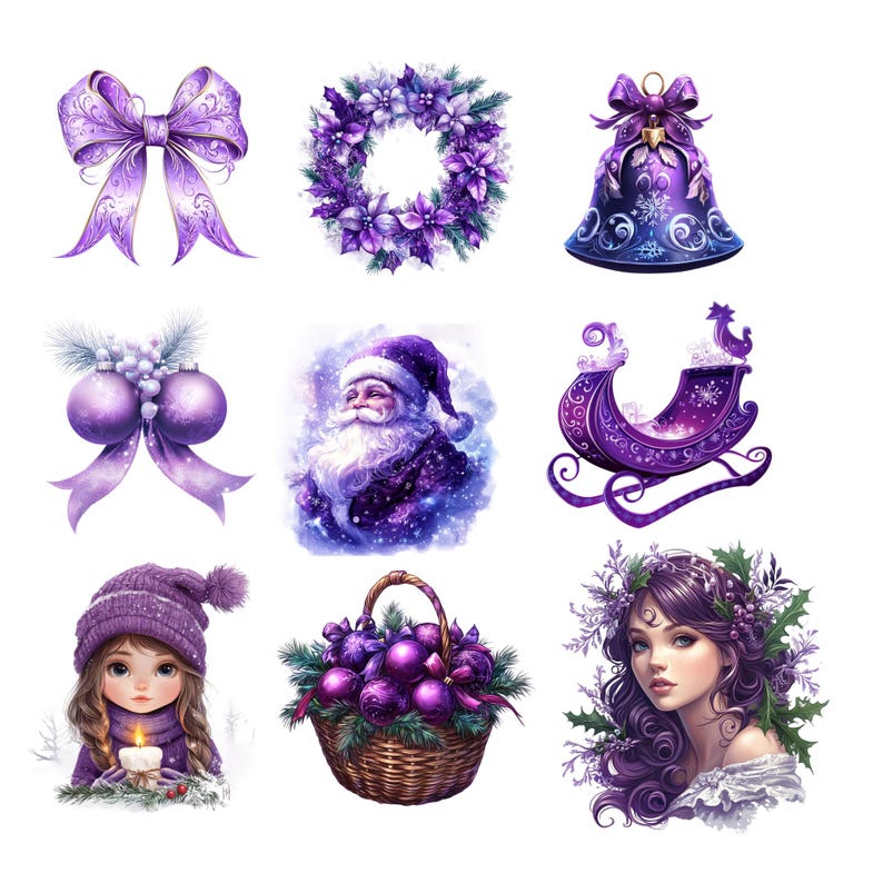 Purple Christmas Clipart Bundle: Watercolor Holiday PNG (digital ...