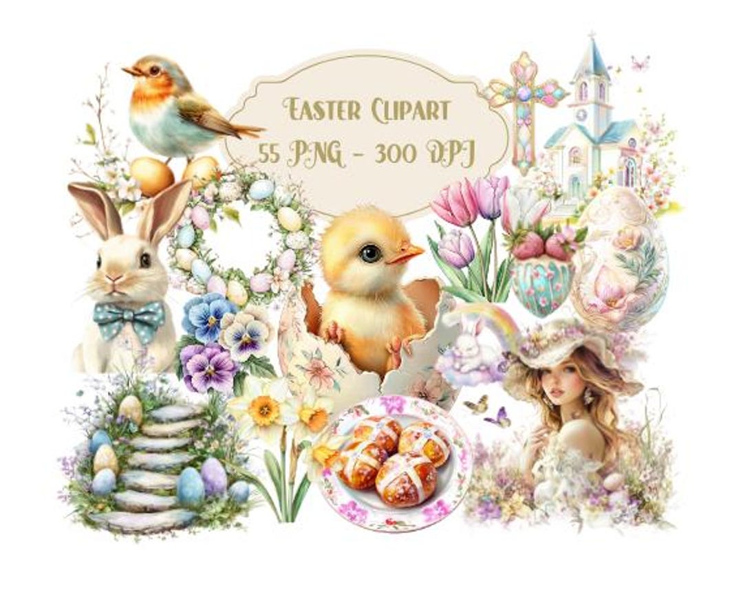 Easter Clipart Bundle: Spring Flowers, Birds, Eggs (PNG Digital ...