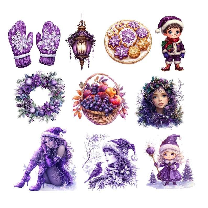 Purple Christmas Clipart Bundle 95 PNG, Holiday Decor, Junk Journal ...