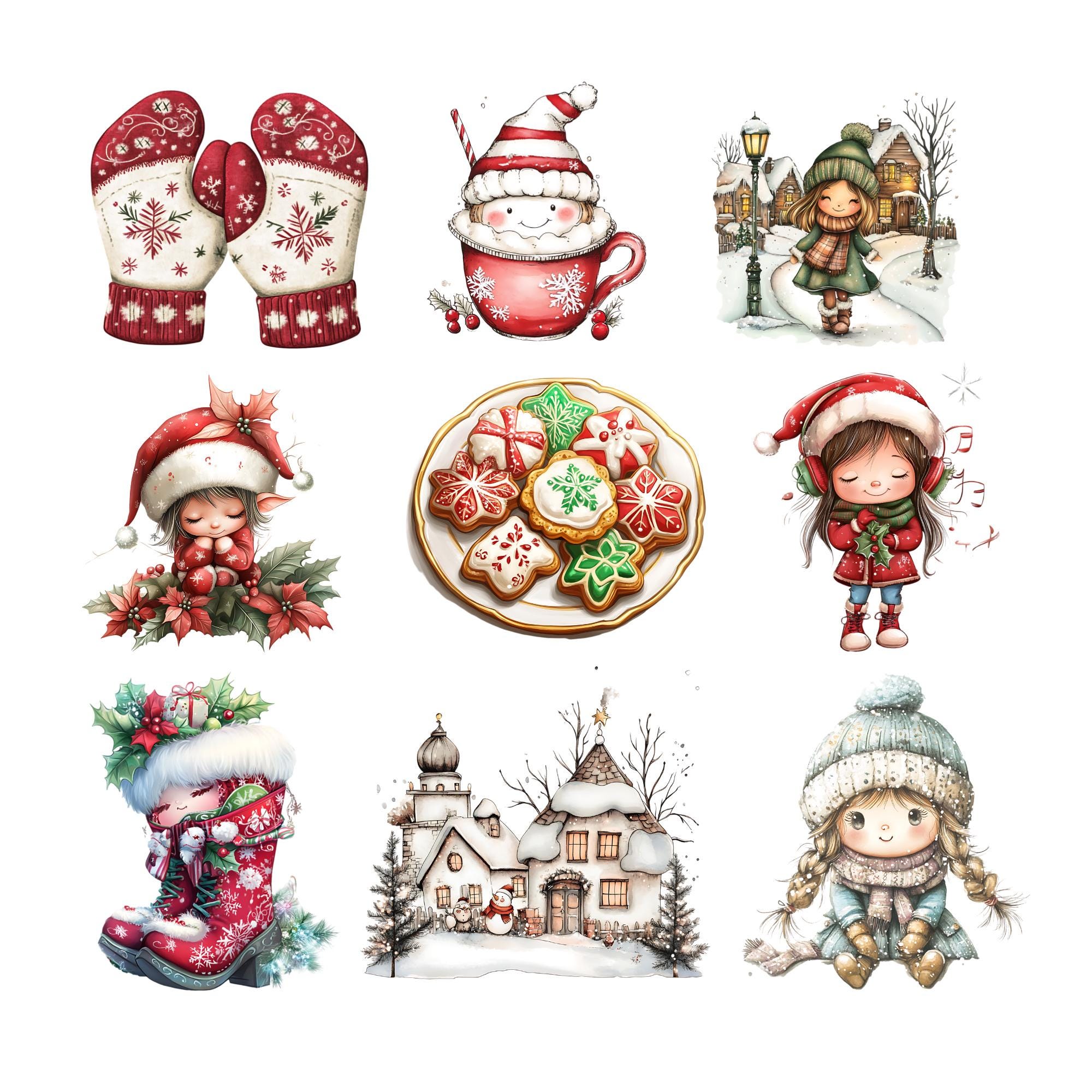 Cute Christmas Watercolor Clipart Bundle, Holiday PNG (digital Download ...