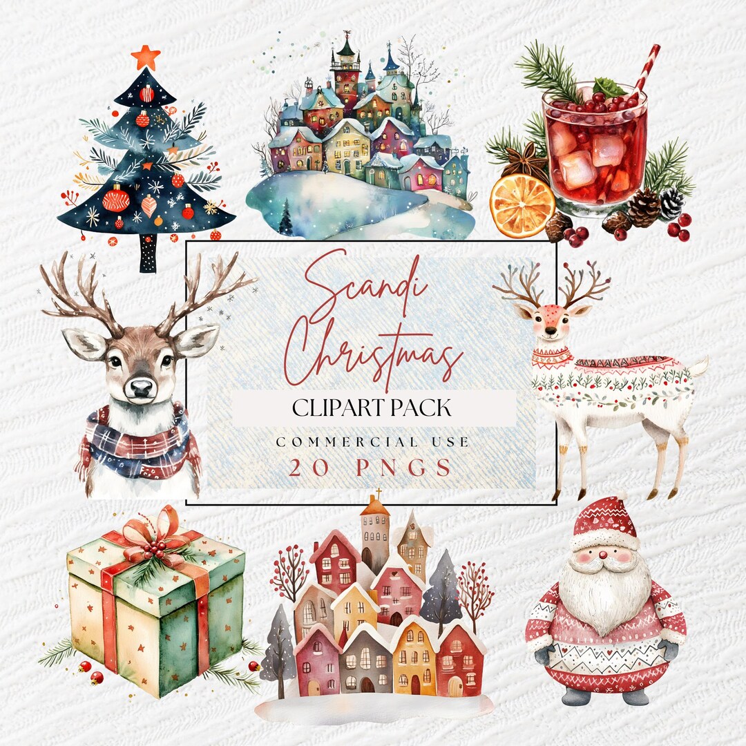 Scandinavian Christmas Clipart, Scandi Santa, Whimsical Xmas Town in ...