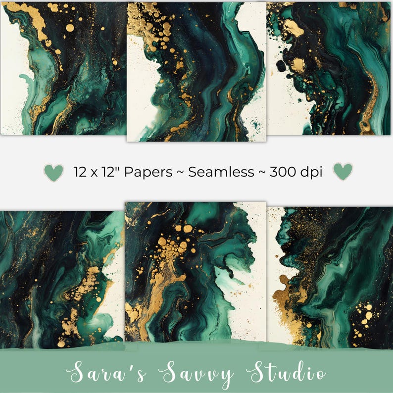 Emerald Green and Gold Alcohol Ink Digital Papers, 13 12x12" JPG Files ...