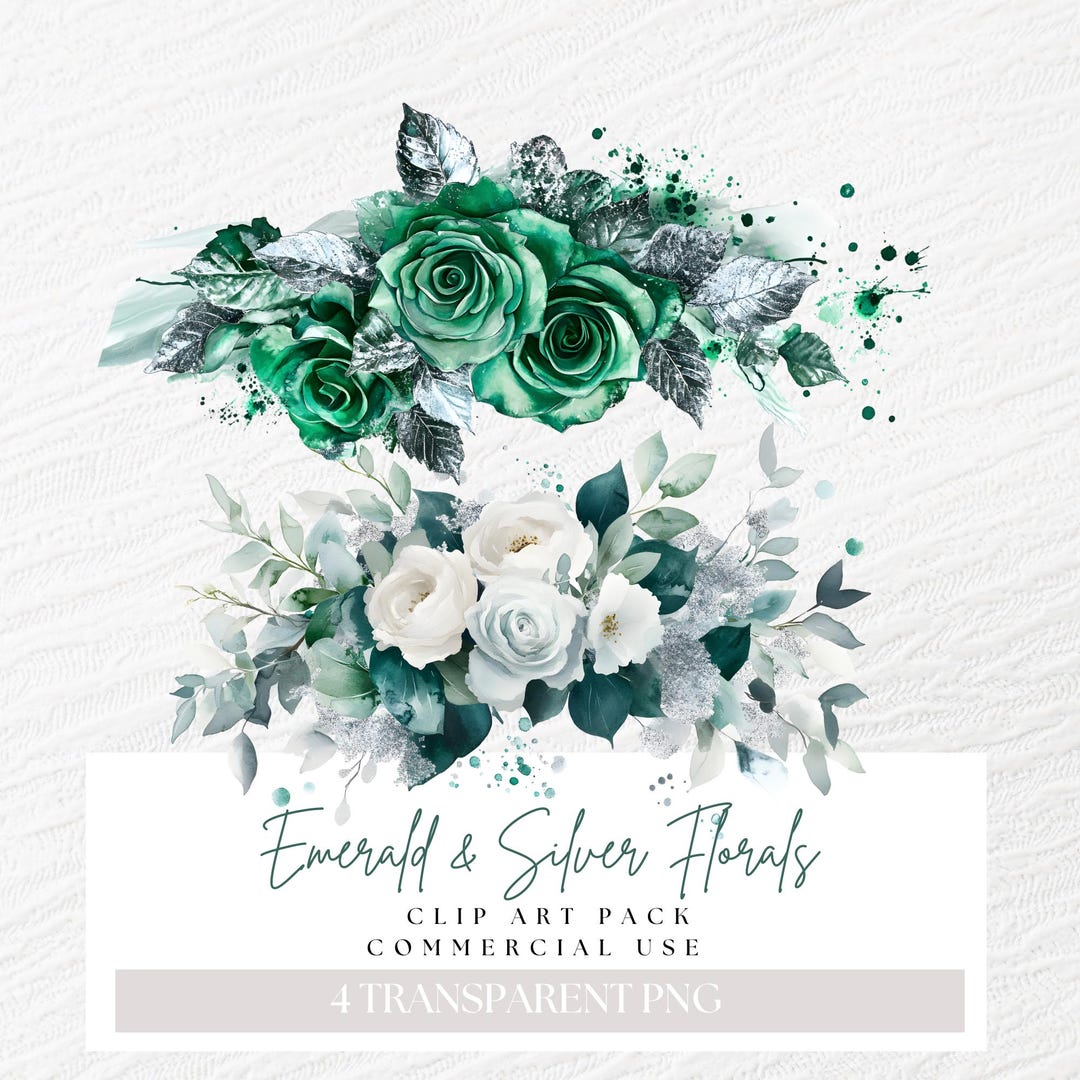 Emerald Green and Silver Floral Clipart, Emerald Roses Png, Borders ...