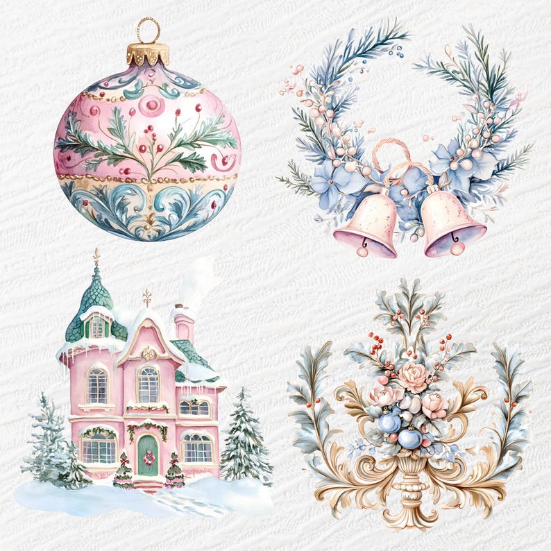 Rococo Christmas Clip Art, Pastel Colours, Floral Vintage Victorian ...