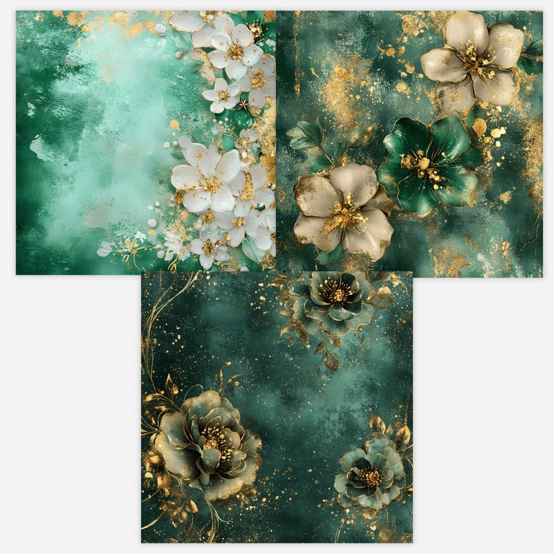 Emerald Green and Gold Floral Digital Papers, 17 12x12" Files, Flowers ...