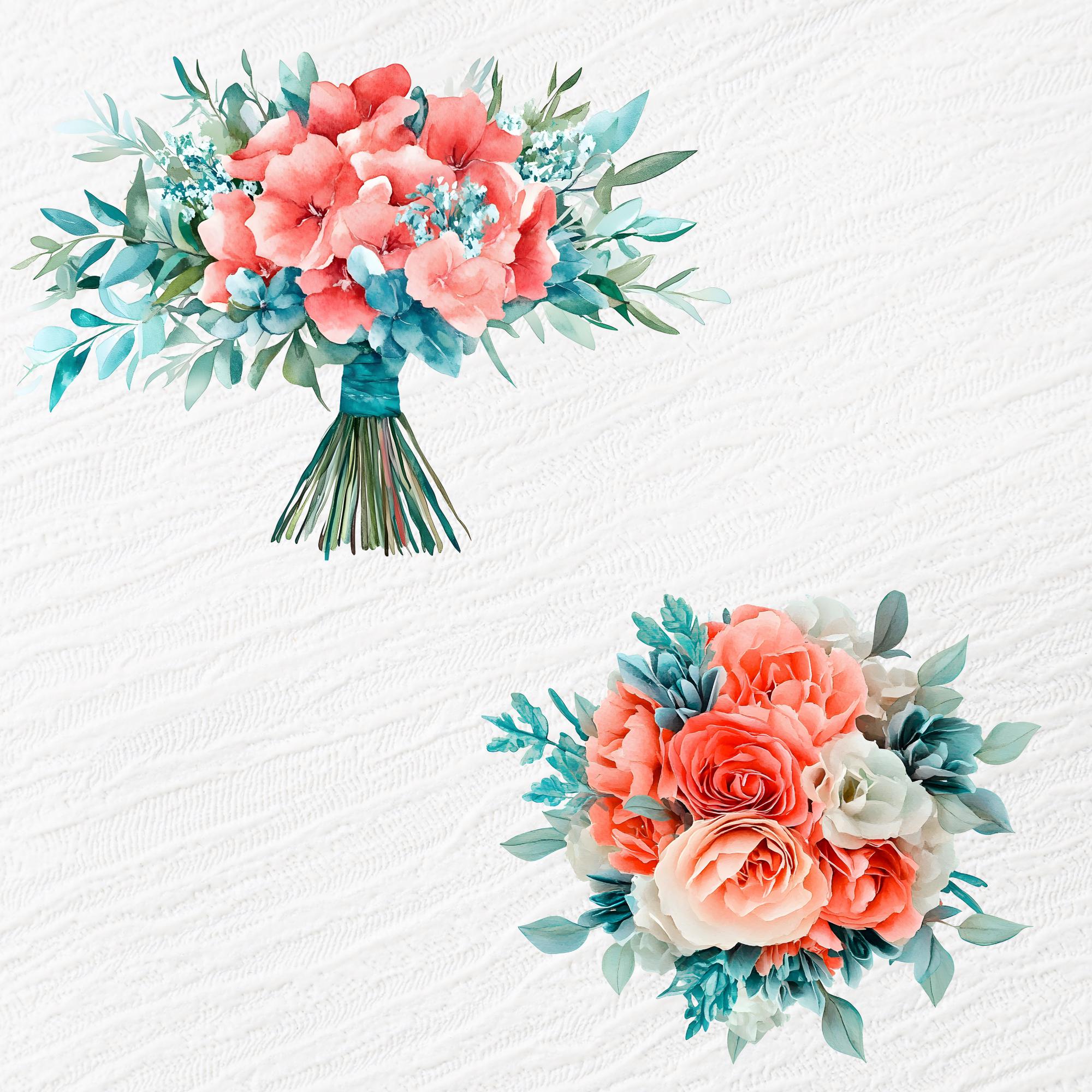 Coral and Teal Wedding Bouquet Clipart, Coral Pink Bridal Clip Art ...