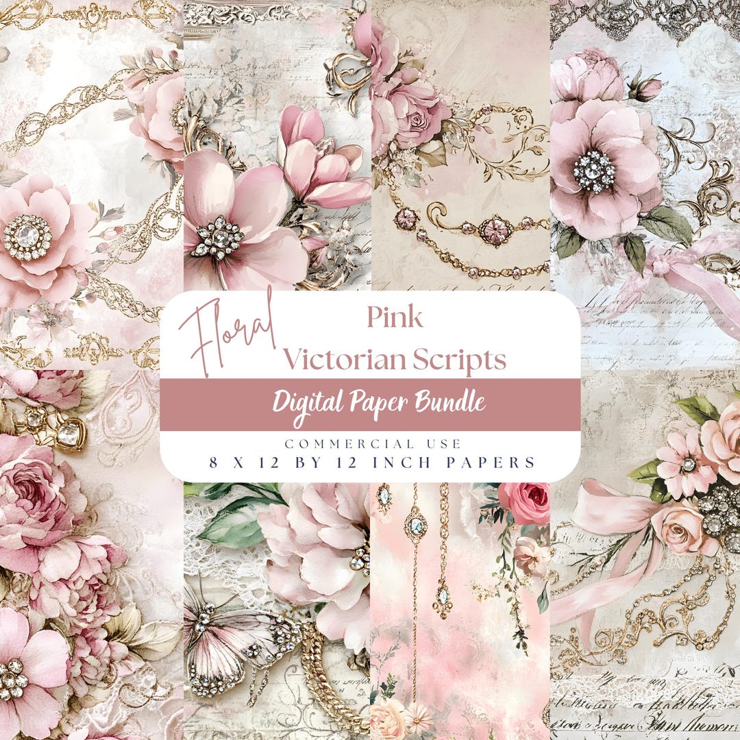 Pink Floral Victorian Script Digital Papers, Lace Diamantes Ornate Gold ...