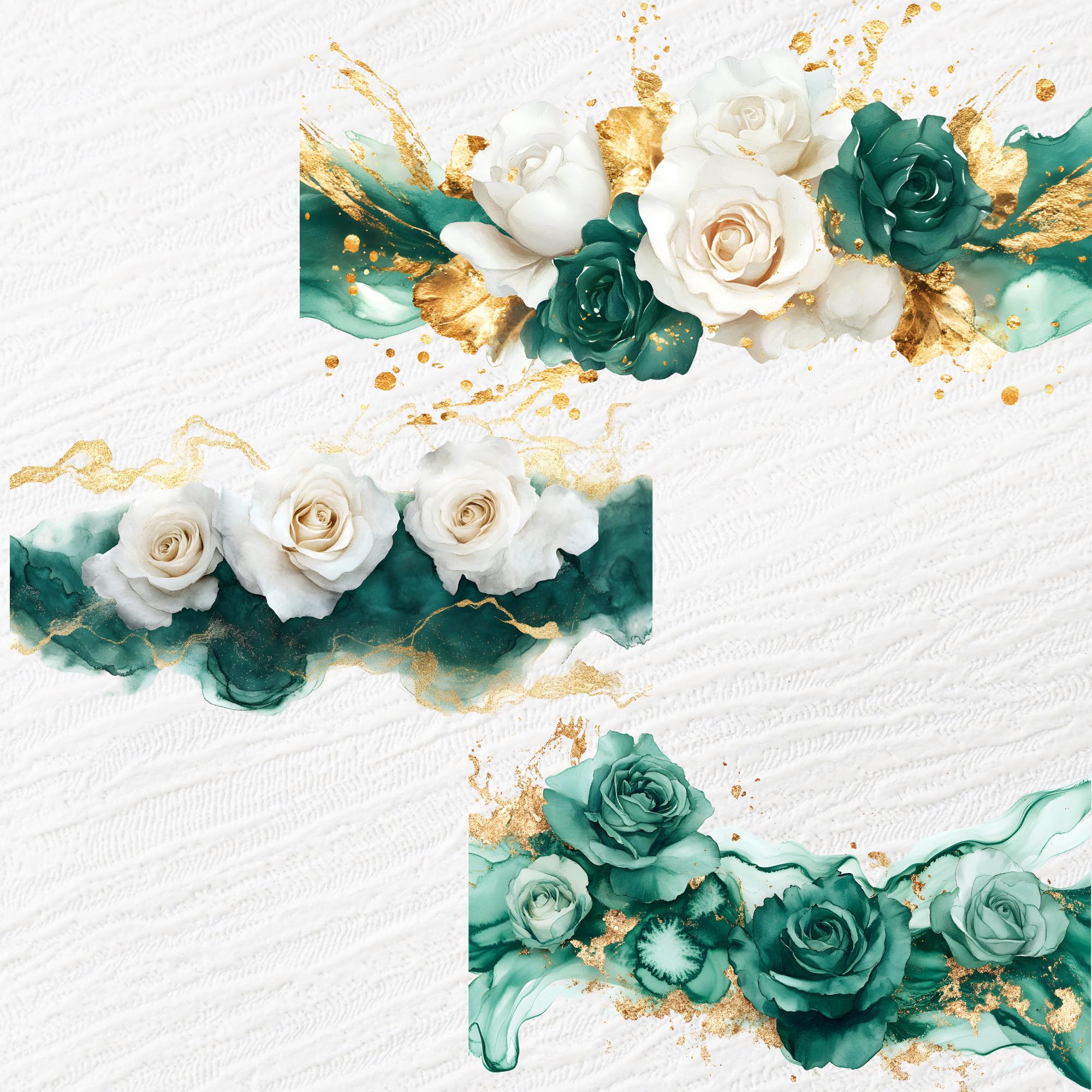 Emerald Green and Gold Floral Clipart, Ivory Gold Roses Png, Borders ...