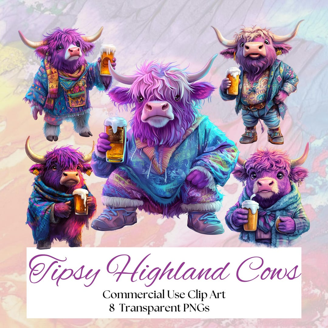 Tipsy Highland Cow Clip Art, With Beer, Purple and Pink Colours, Quirky ...