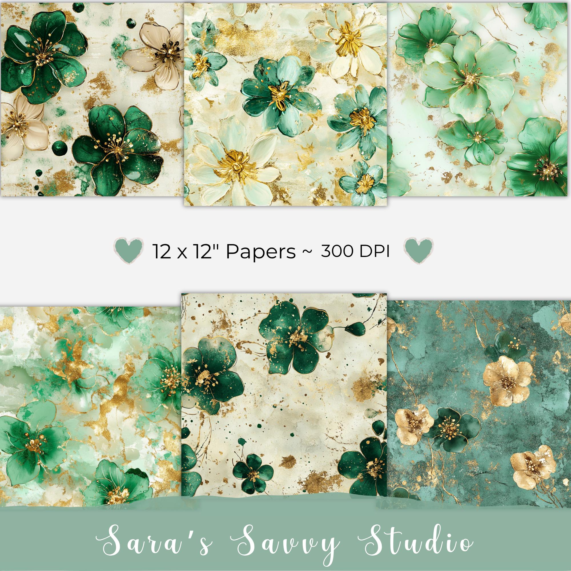 Emerald Green and Gold Digital Paper, Seamless, 28 12x12" Files ...
