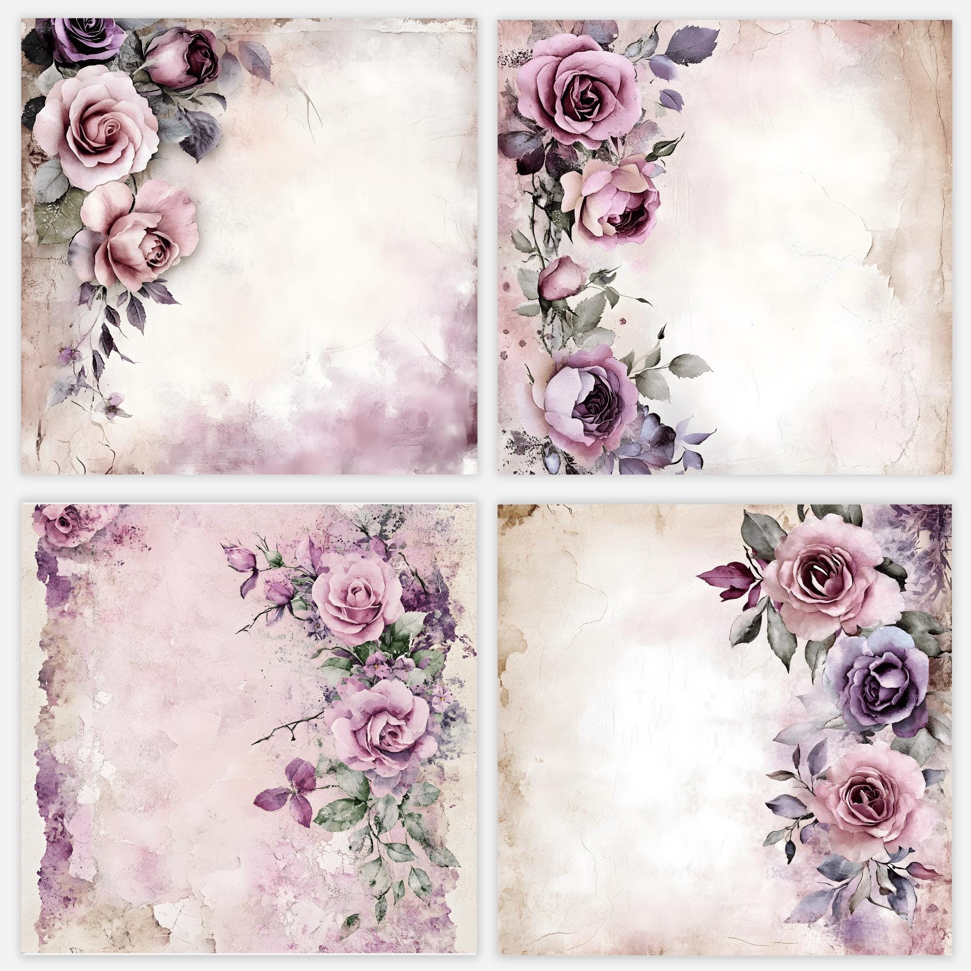 Pink and Purple Roses Digital Papers, Layered Paper Background, Shabby ...