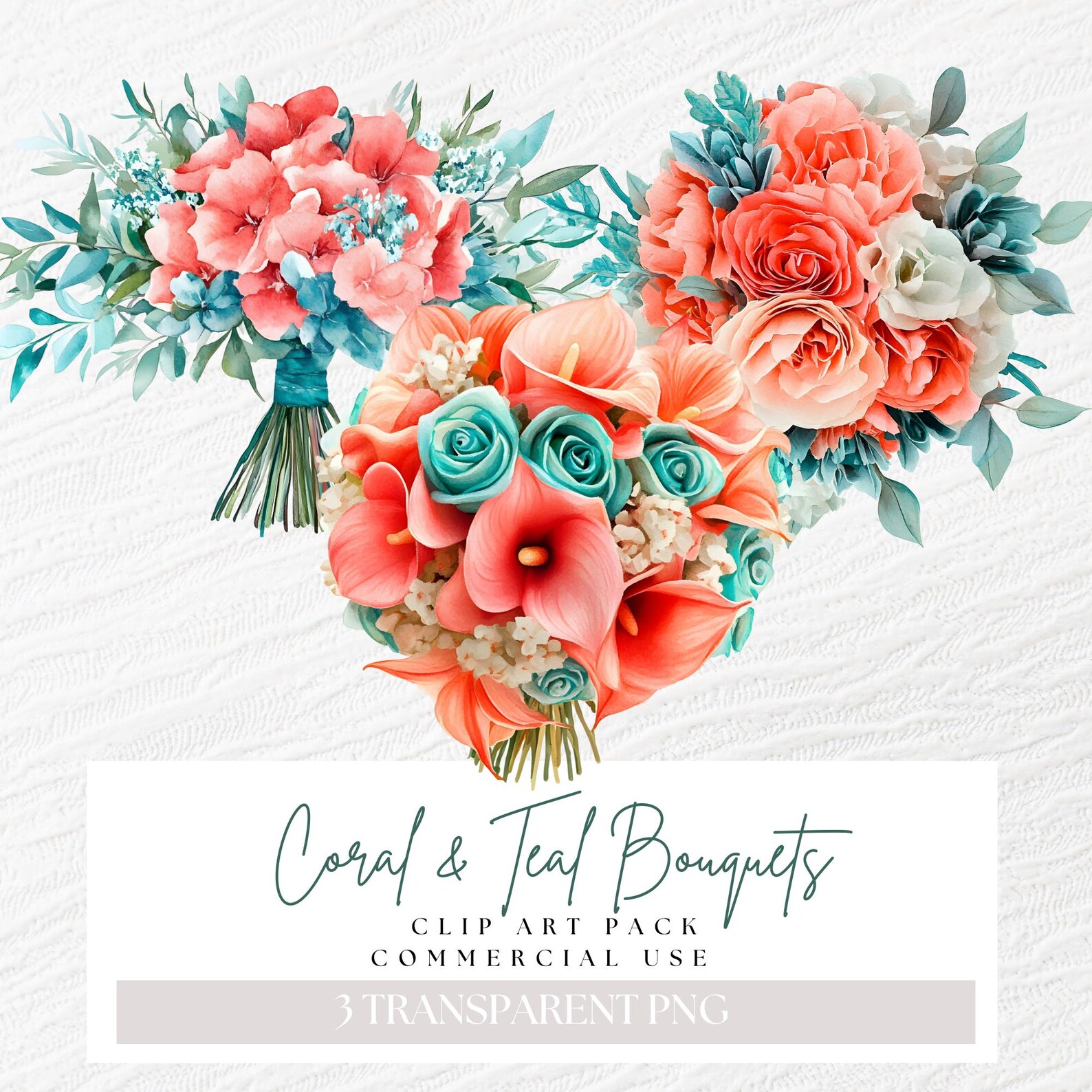 Coral and Teal Wedding Bouquet Clipart, Coral Pink Bridal Clip Art ...