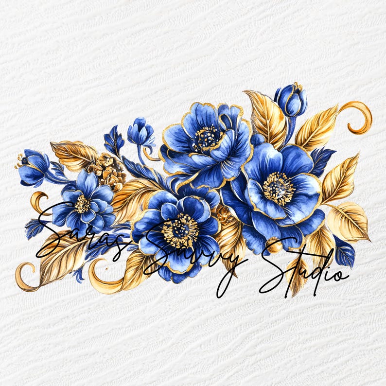 Royal Blue and Gold Floral Clipart, Royal Blue Roses Clip Art, Royal ...