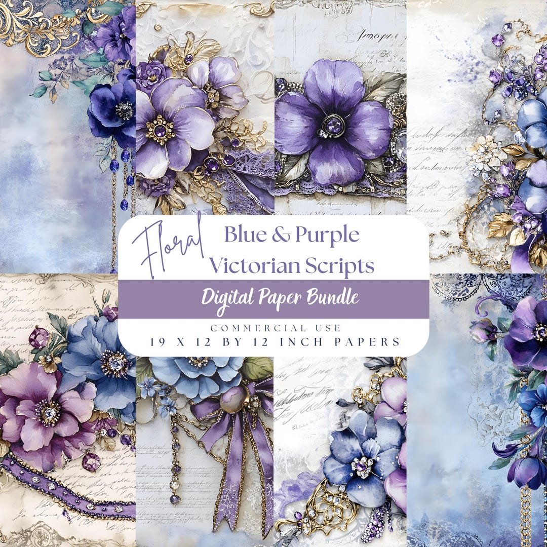 Blue and Purple Floral Victorian Script Digital Papers, Lace Diamantes ...