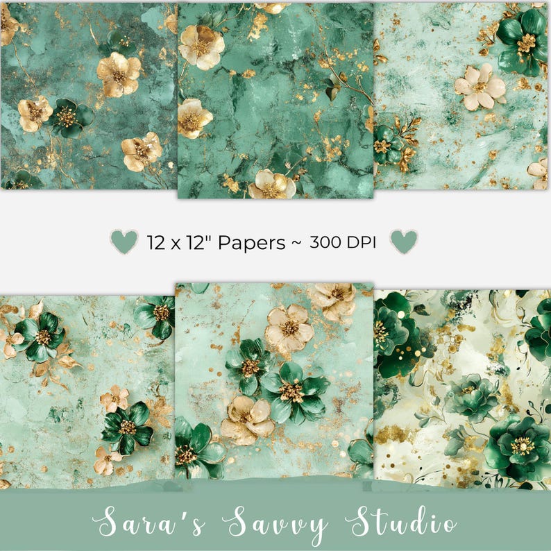 Emerald Green and Gold Digital Paper, Seamless, 28 12x12" Files ...