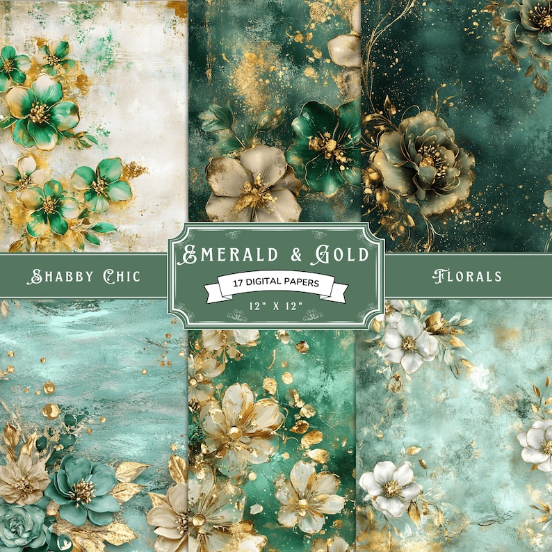 Emerald Green and Gold Floral Digital Papers, 17 12x12" Files, Flowers ...