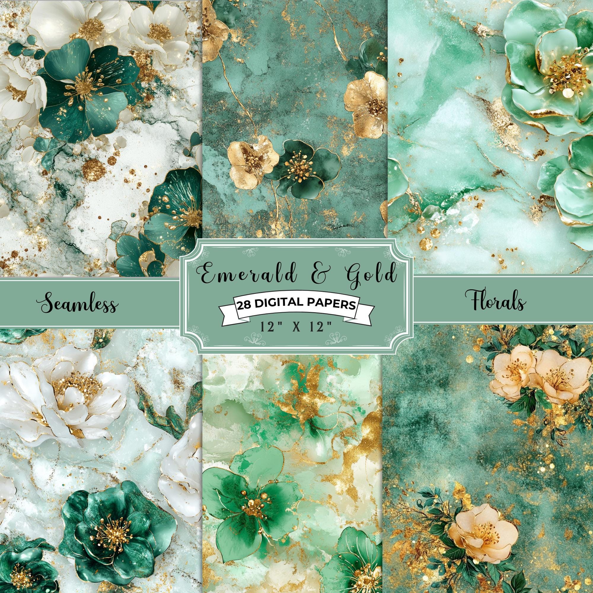 Emerald Green and Gold Digital Paper, Seamless, 28 12x12" Files ...