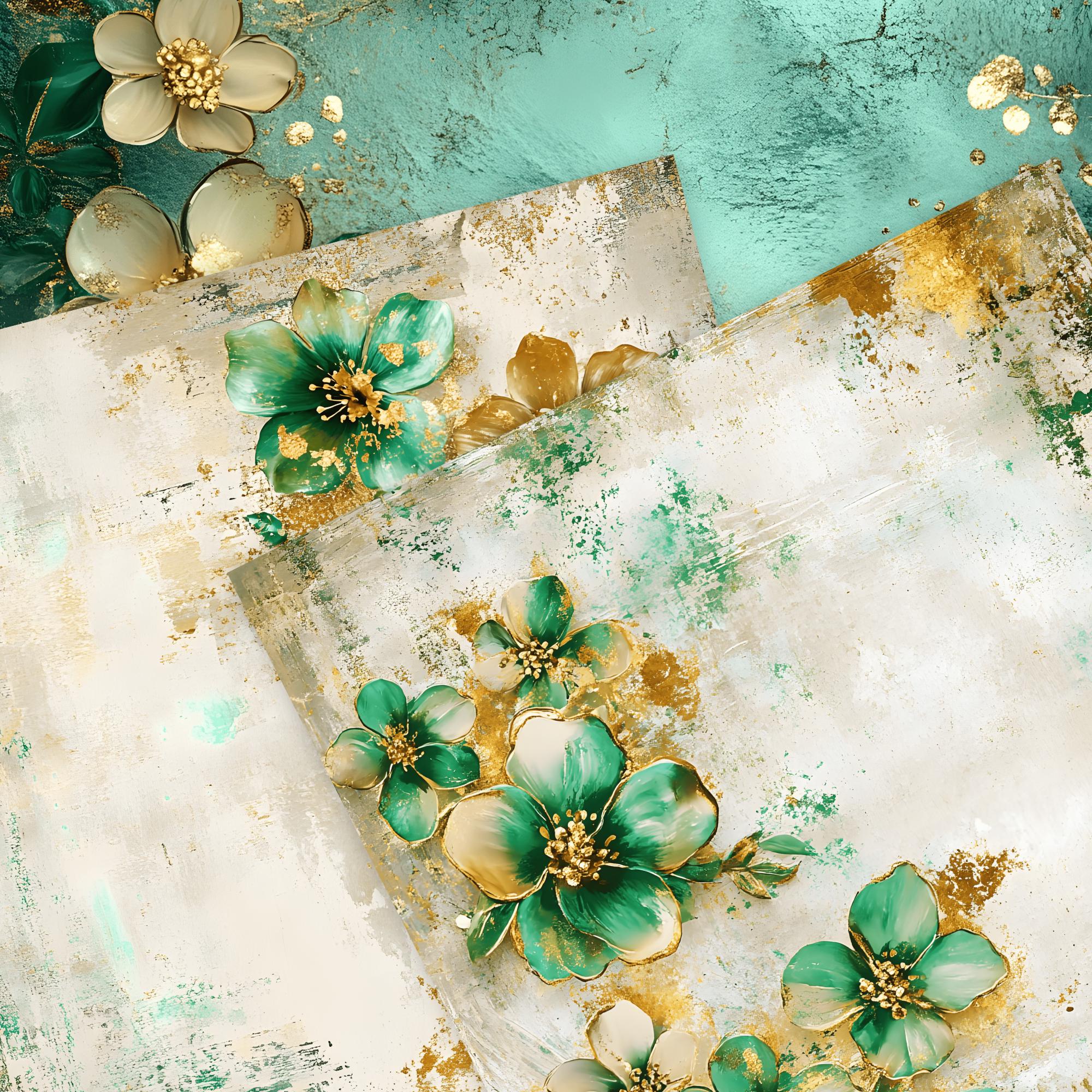 Emerald Green and Gold Floral Digital Papers, 17 12x12" Files, Flowers ...