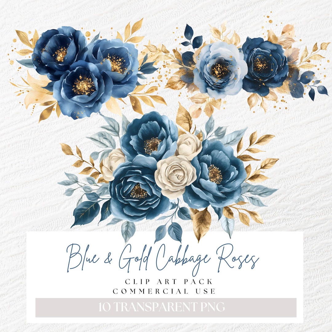 Dusty Blue and Gold Floral Clipart, Light Blue Flower Png, Cabbage ...
