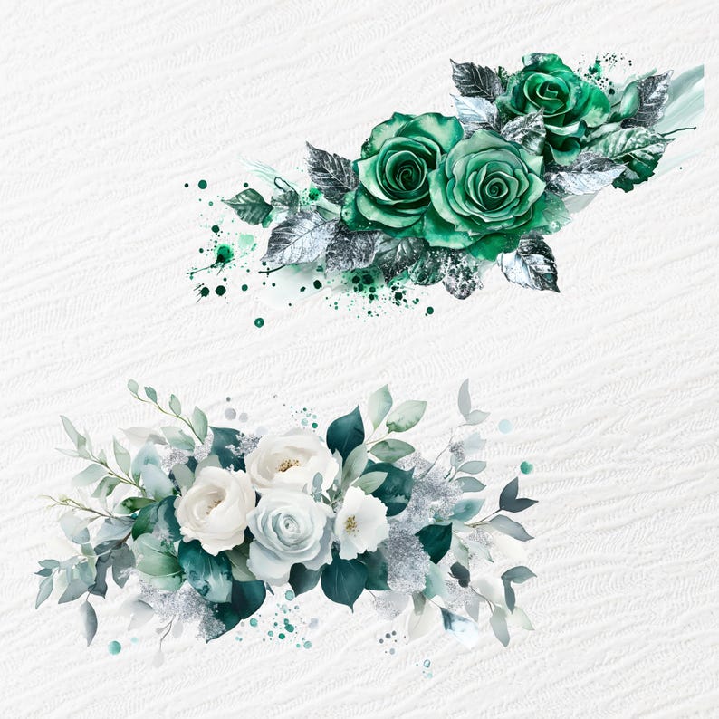 Emerald Green and Silver Floral Clipart, Emerald Roses Png, Borders ...