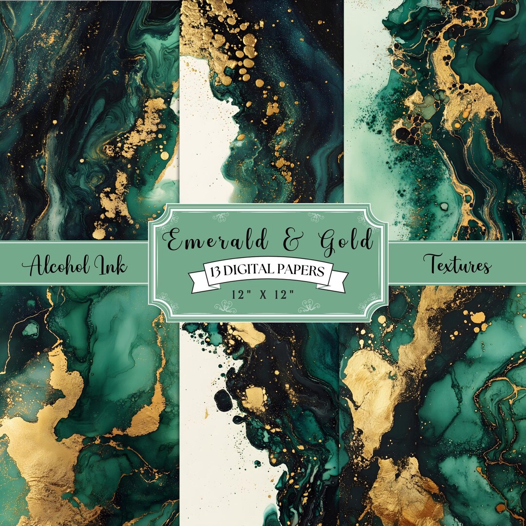 Emerald Green and Gold Alcohol Ink Digital Papers, 13 12x12" JPG Files ...