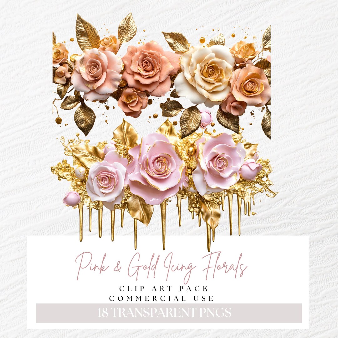 Bright Pink Icing Florals Clipart, Pink Gold Ivory Roses Bouquet Clip ...