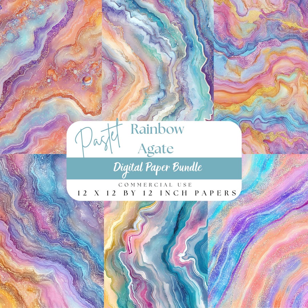 Rainbow Glitter Agate Digital Paper, 12x12", Pastel Colors, Watercolor ...