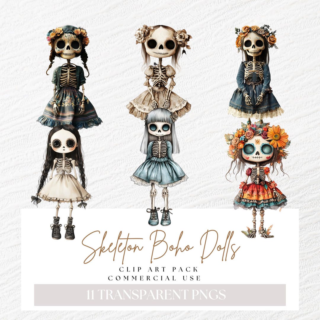 Skeleton Boho Dolls Clipart, Halloween, Cute Halloween Characters ...