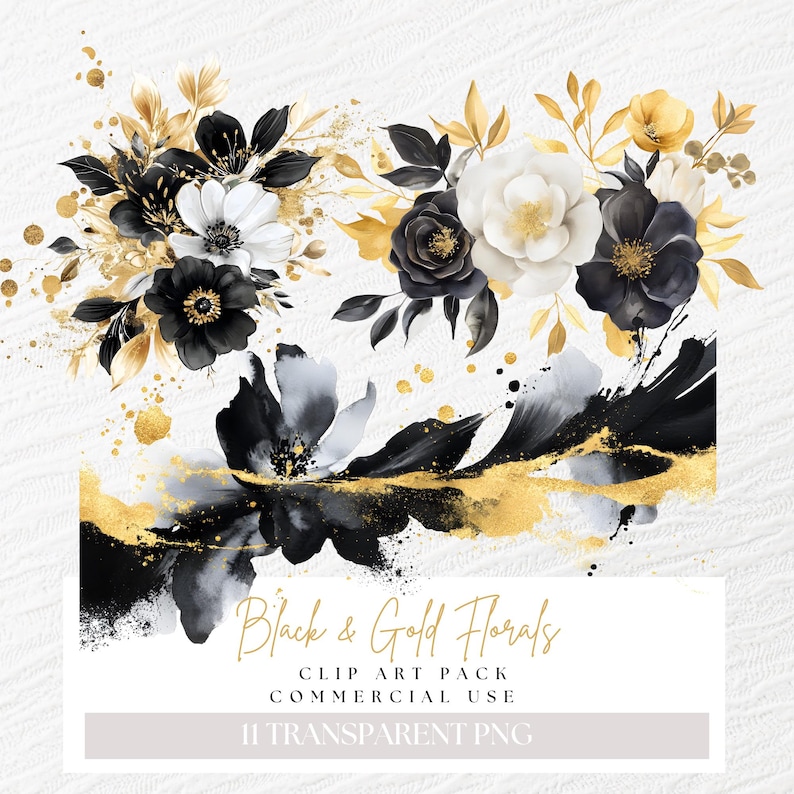 Black White and Gold Floral Clipart, Black Gold New Year Clip Art ...