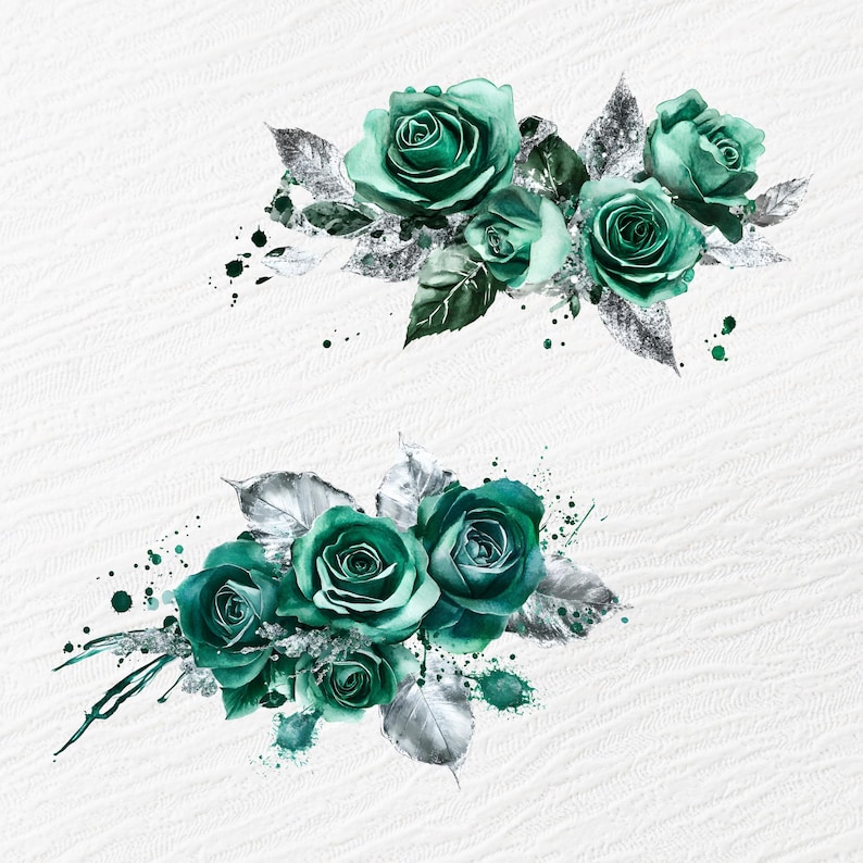 Emerald Green and Silver Floral Clipart, Emerald Roses Png, Borders ...