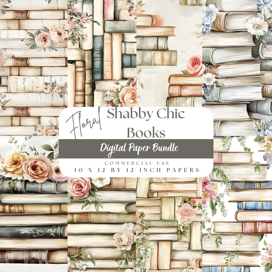 Shabby Chic Book Stack Digital Papers, Book Spines Clipart, Watercolor ...