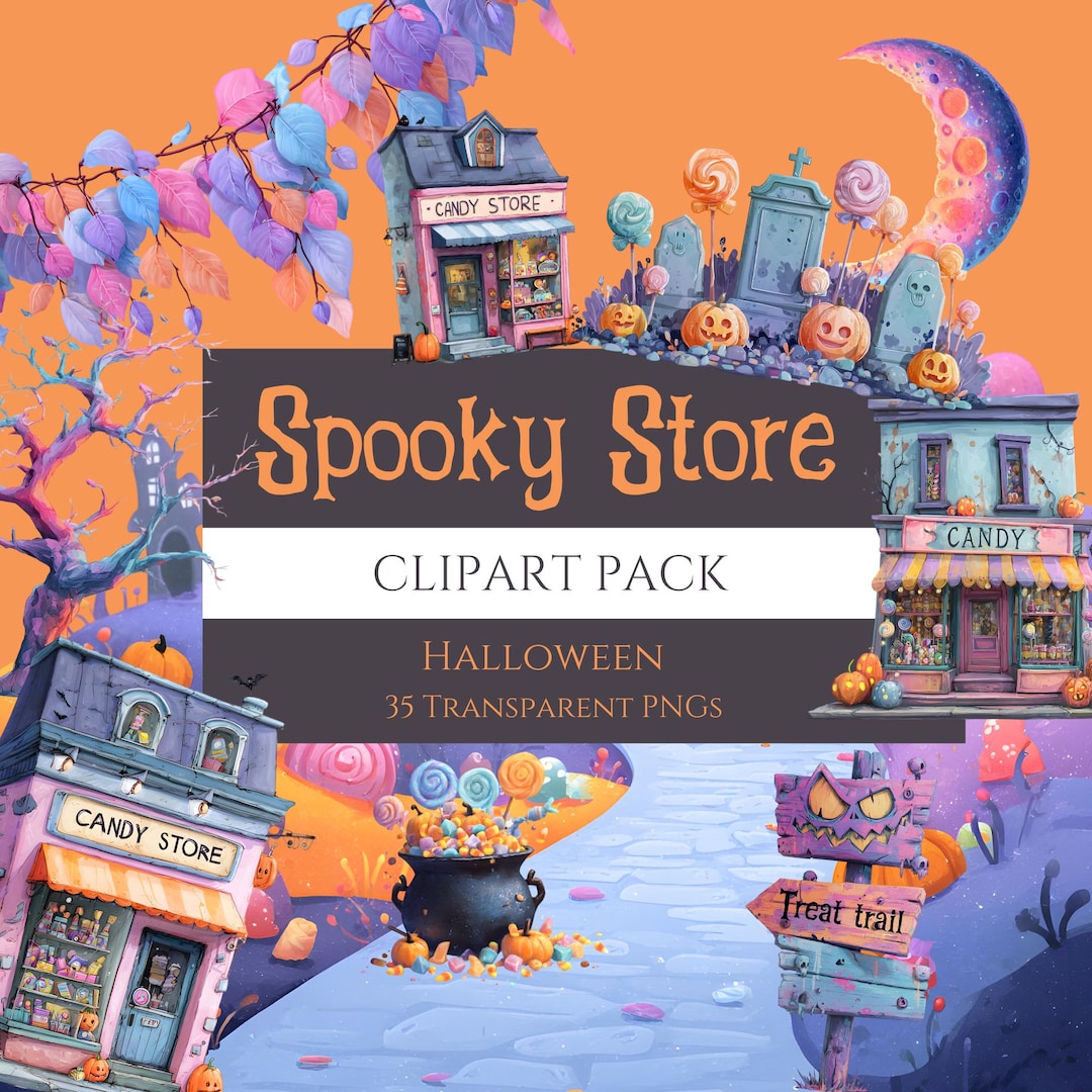 Halloween Storefront Clipart, Trick or Treat PNG, Spooky Candy Store ...